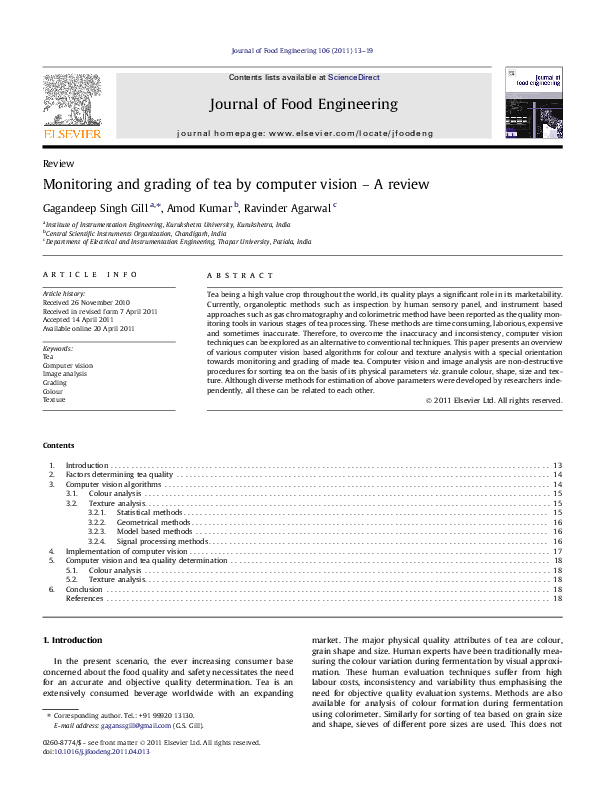 (PDF) Monitoring and grading of tea by computer vision – A review