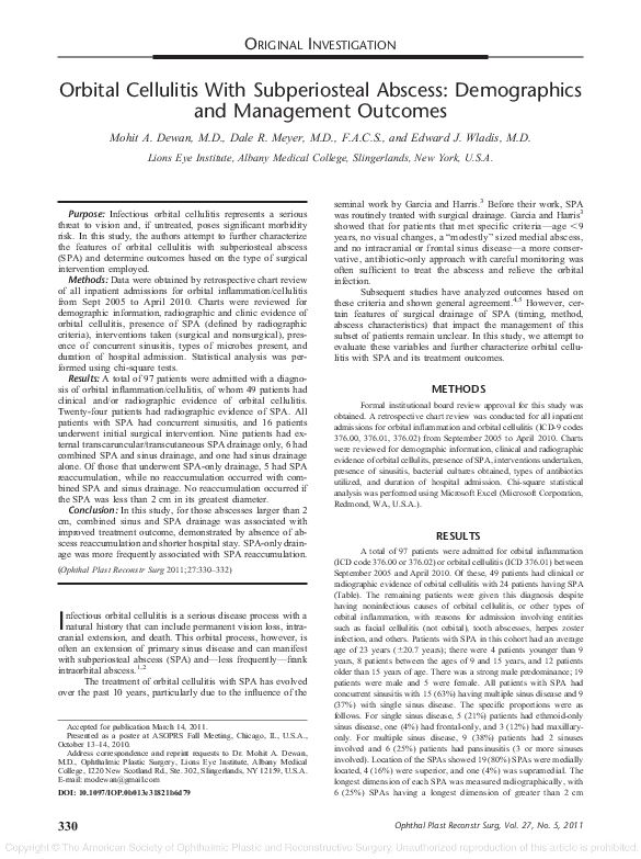(PDF) Orbital cellulitis with subperiosteal abscess: demographics and management outcomes