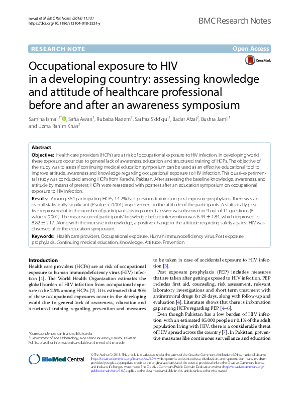 (PDF) Occupational exposure to HIV in a developing country: assessing ...