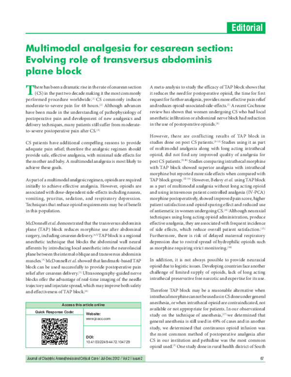 (PDF) Multimodal analgesia for cesarean section: Evolving role of ...