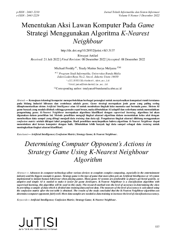 (PDF) Determining Computer Opponent’s Actions in Strategy Game Using K-Nearest Neighbour Algorithm