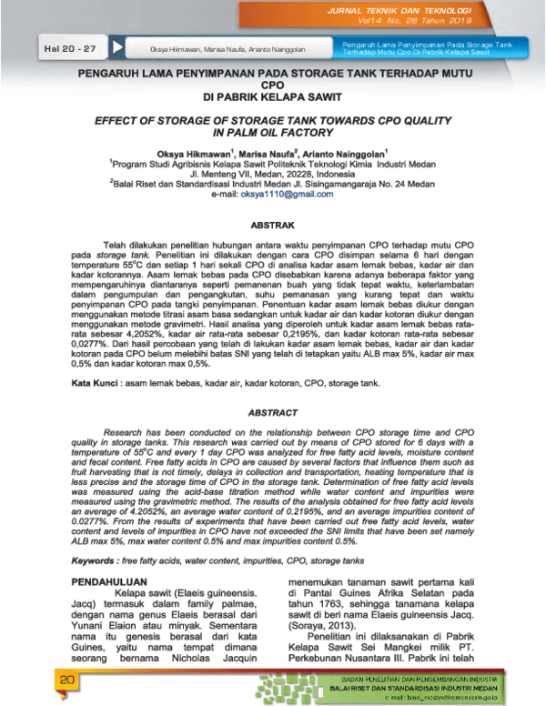 (PDF) Pengaruh Lama Penyimpanan Pada Storage Tank Terhadap Mutu Cpo DI ...