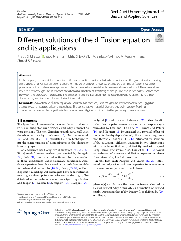 (PDF) Different solutions of the diffusion equation and its applications