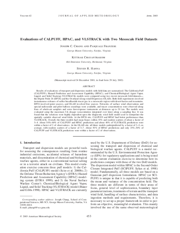 (PDF) Evaluations of CALPUFF, HPAC, and VLSTRACK with Two Mesoscale ...