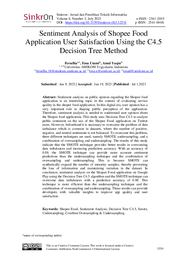 (PDF) Sentiment Analysis of Shopee Food Application User Satisfaction Using the C4.5 Decision ...