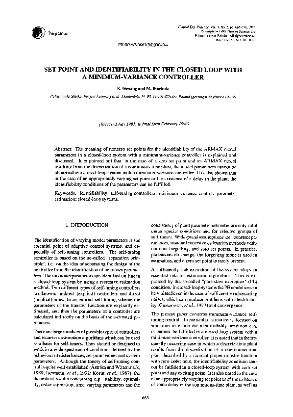 Pdf Set Point And Identifiability In The Closed Loop With Minimum Variance Controller Marian
