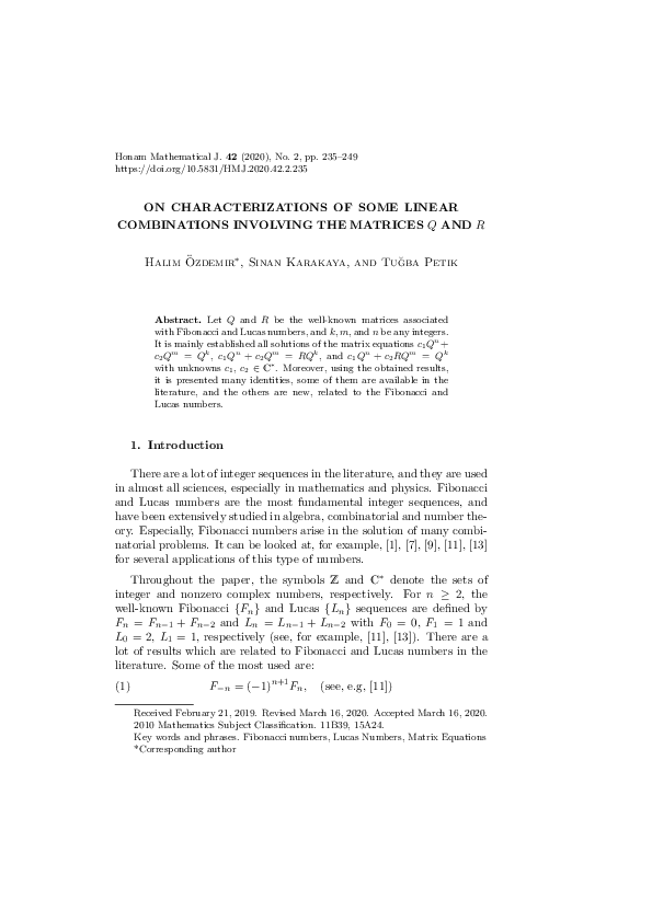 (PDF) On Characterizations of Some Linear Combinations Involving the Matrices Q and R