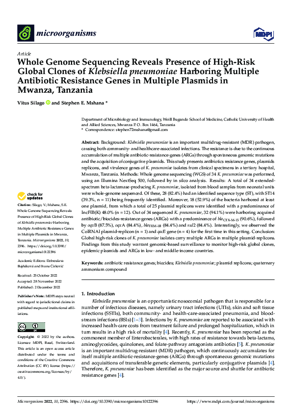 (PDF) Whole Genome Sequencing Reveals Presence of High-Risk Global Clones of Klebsiella ...