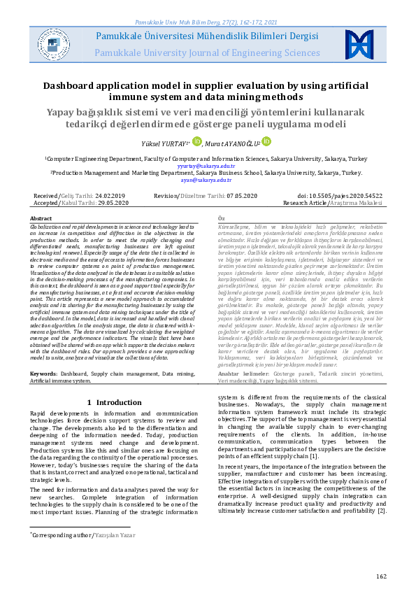 (PDF) Dashboard application model in supplier evaluation by using artificial immune system and ...