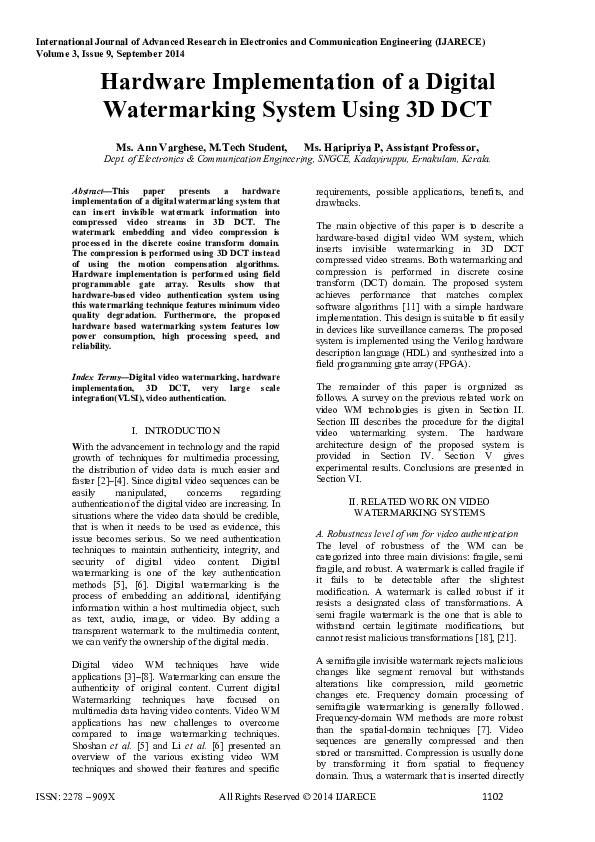 (PDF) Hardware Implementation of a Digital Watermarking System Using 3D DCT