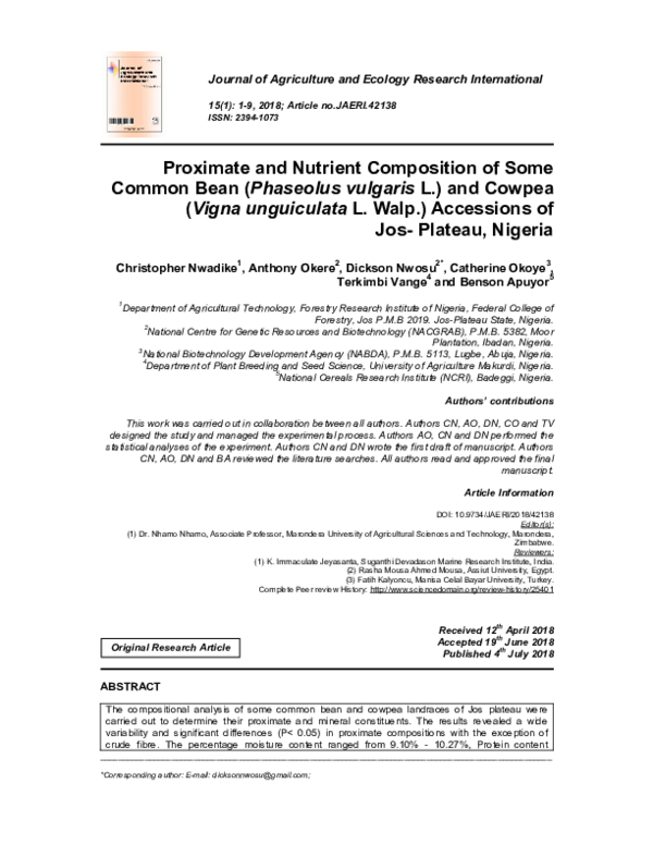 (PDF) Proximate and Nutrient Composition of Some Common Bean (Phaseolus vulgaris L.) and Cowpea ...