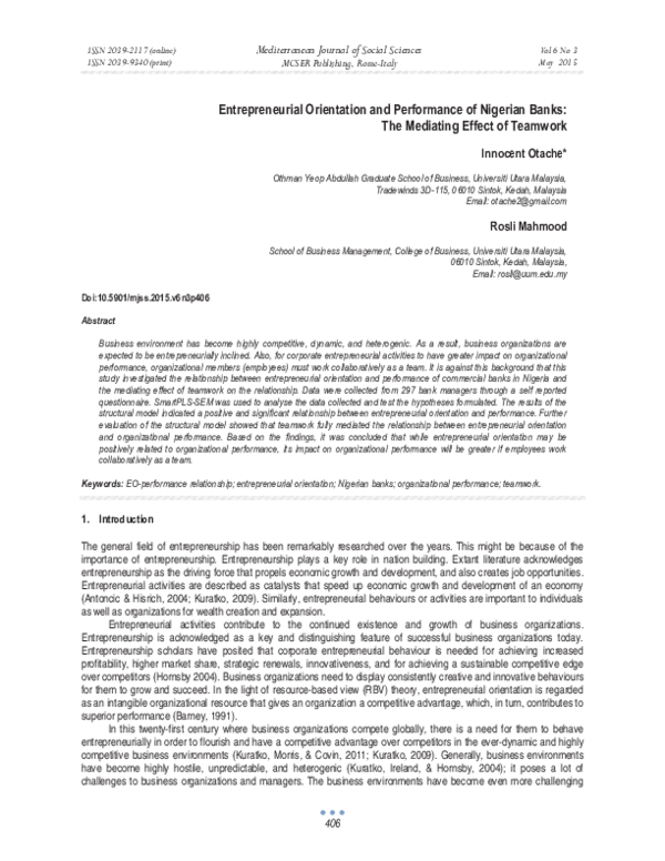 (PDF) Entrepreneurial Orientation and Performance of Nigerian Banks: The Mediating Effect of ...