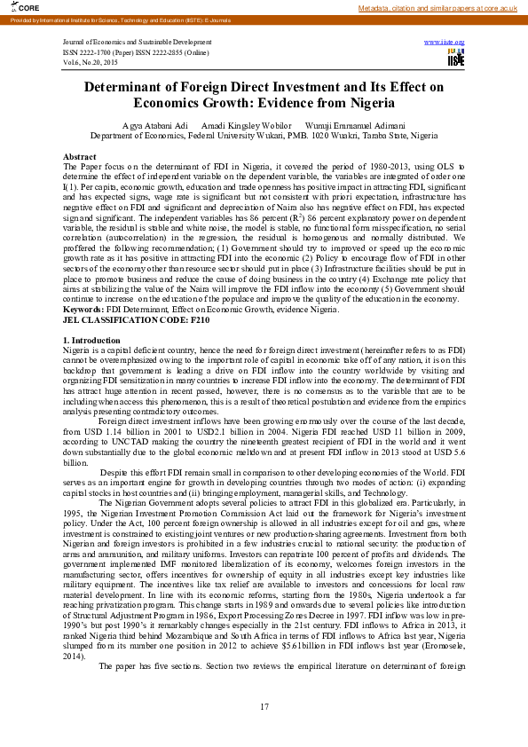 (PDF) Determinant of Foreign Direct Investment and Its Effect on ...