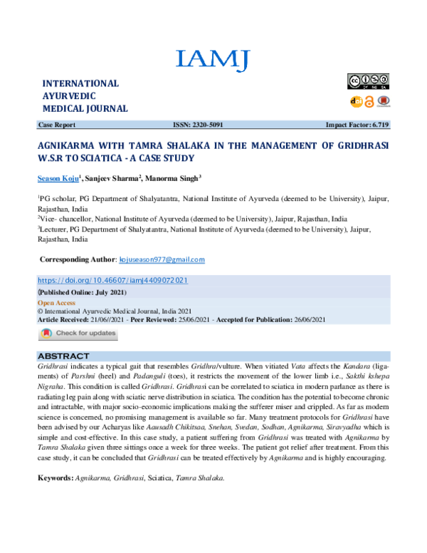 (PDF) Agnikarma with Tamra Shalaka in the Management of Gridhrasi W.S.R to Sciatica - a Case Study