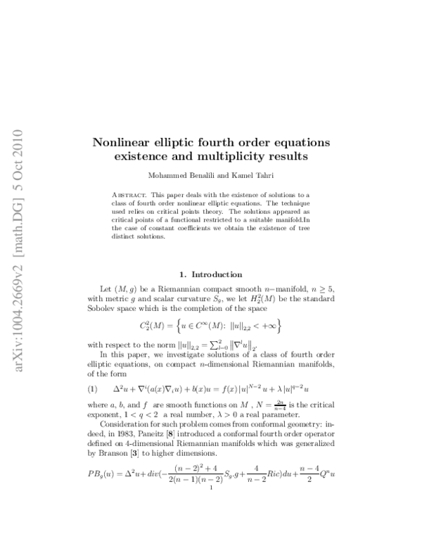 Pdf Nonlinear Elliptic Fourth Order Equations Existence And Multiplicity Results