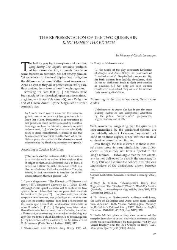(PDF) The Representation of the Two Queens in King Henry the Eighth
