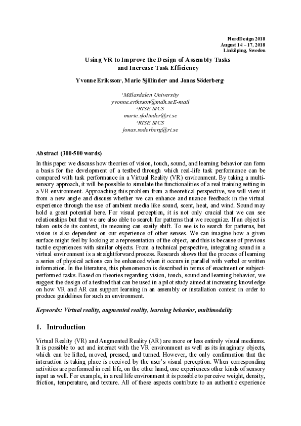 (PDF) Using VR to improve the design of assembly tasks and increase task efficiency