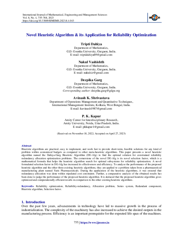 (PDF) Novel Heuristic Algorithm & its Application for Reliability Optimization