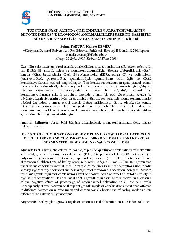 (PDF) TUZ STRESİ (NaCl) ALTINDA ÇİMLENDİRİLEN ARPA TOHUMLARININ MİTOTİK ...