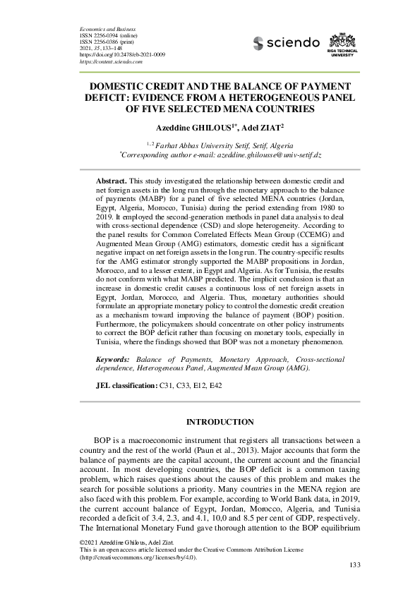 (PDF) Domestic Credit's Impact on MENA Balance of Payments