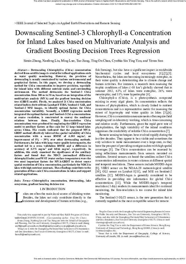 (PDF) Downscaling Sentinel-3 Chlorophyll-a Concentration for Inland Lakes based on Multivariate ...