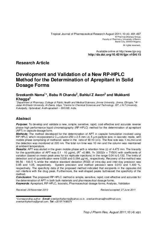 (PDF) Development and Validation of a New RP-HPLC Method for the Determination of Aprepitant in ...