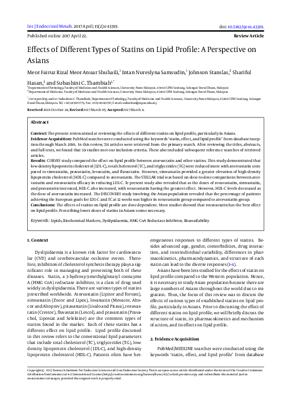 (PDF) Effects of Different Types of Statins on Lipid Profile: A ...