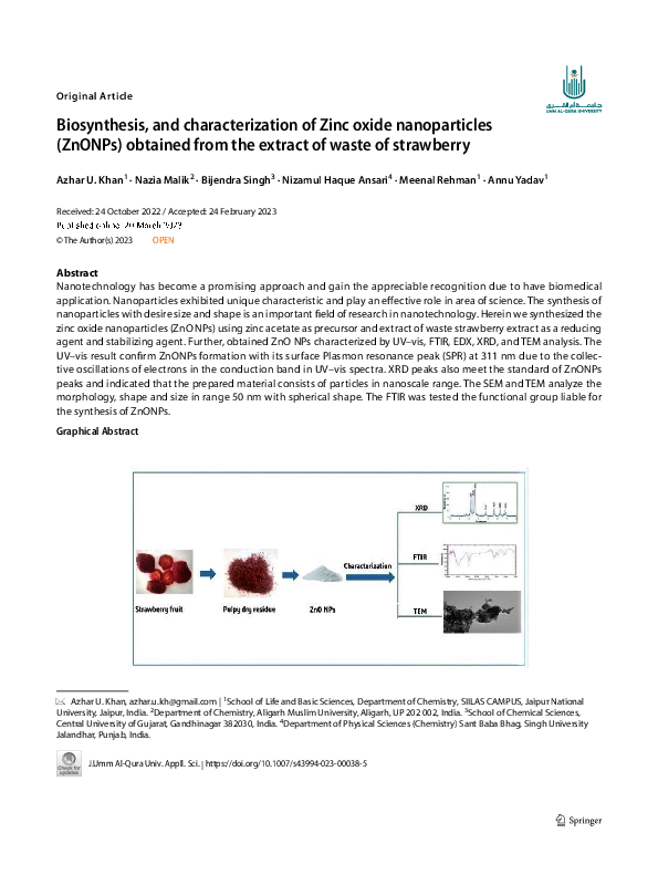 (PDF) Biosynthesis, and characterization of Zinc oxide nanoparticles (ZnONPs) obtained from the ...