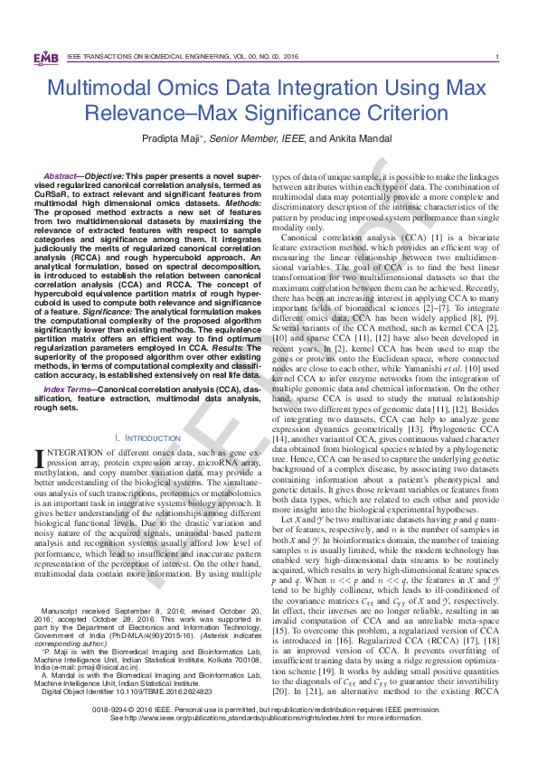 (PDF) Multimodal Omics Data Integration Using Max Relevance--Max Significance Criterion | Ankita ...