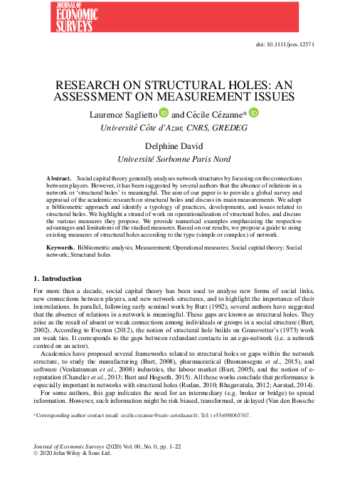 (PDF) Research on Structural Holes: An Assessment on Measurement Issues