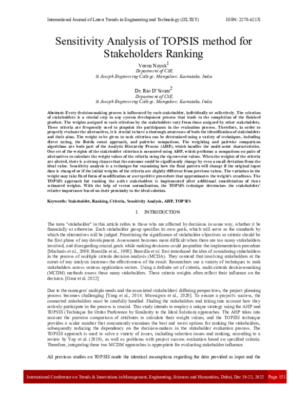 (PDF) Sensitivity Analysis of TOPSIS method for Stakeholders Ranking