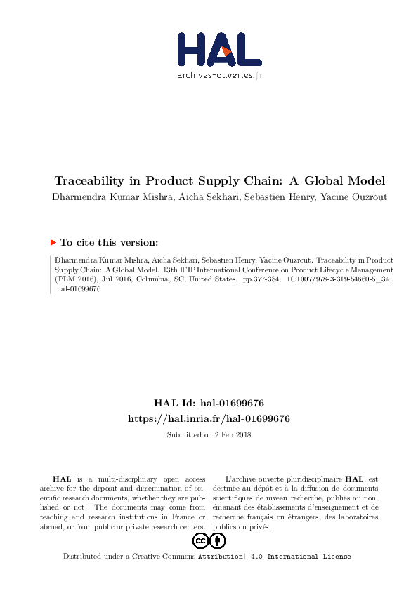 Pdf Traceability In Product Supply Chain A Global Model Aicha Sekhari