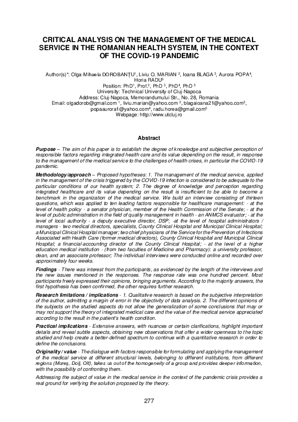 (PDF) Critical Analysis on the Management of the Medical Service in the ...