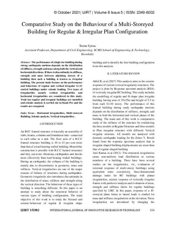 (PDF) Comparative Study on the Behaviour of a Multi-Storeyed Building for Regular & Irregular ...