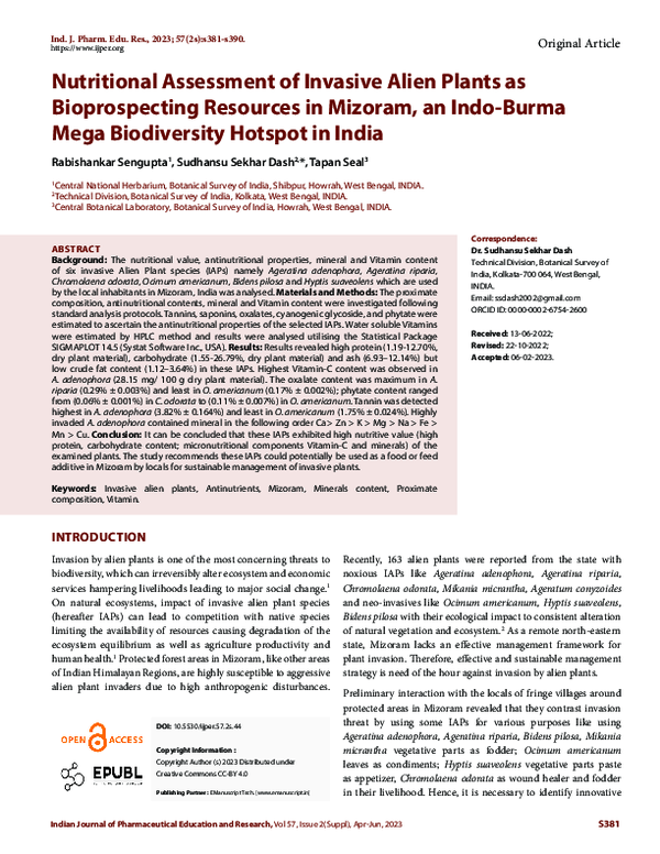 (PDF) Nutritional Assessment of Invasive Alien Plants as Bioprospecting Resources in Mizoram, an ...