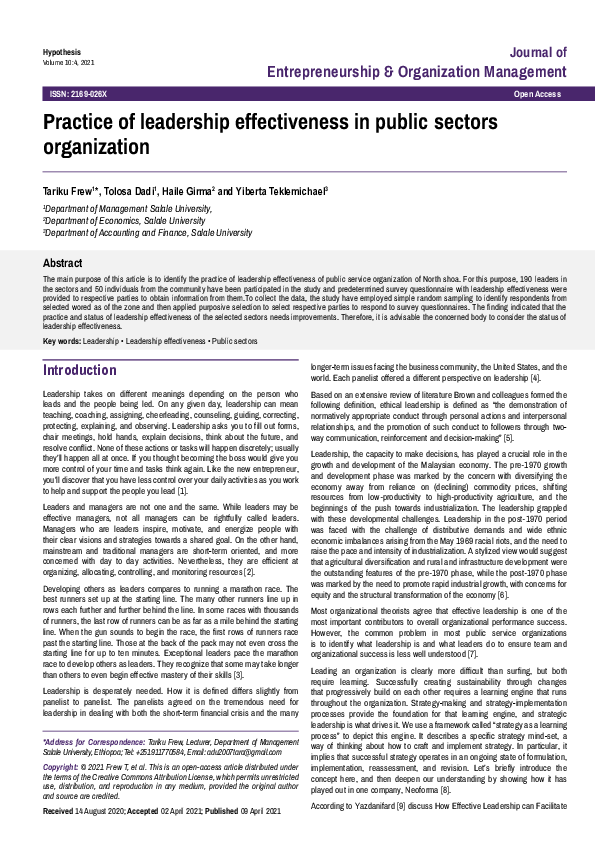 (PDF) Practice of leadership effectiveness in public sectors organization