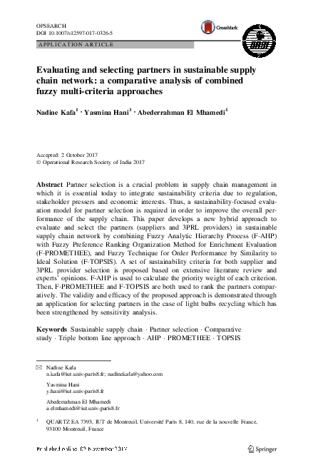 (PDF) Evaluating and selecting partners in sustainable supply chain network: a comparative ...