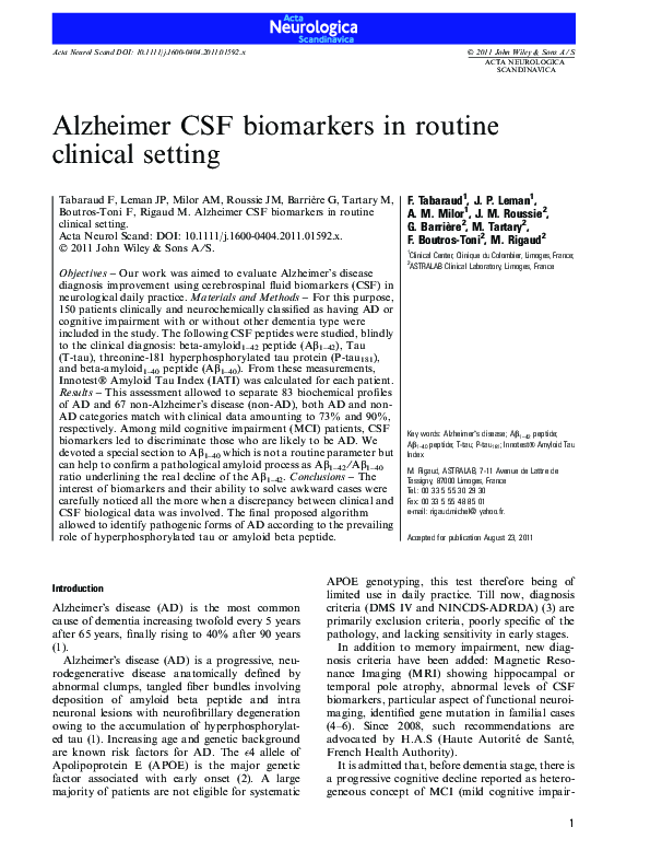 (PDF) Alzheimer CSF biomarkers in routine clinical setting