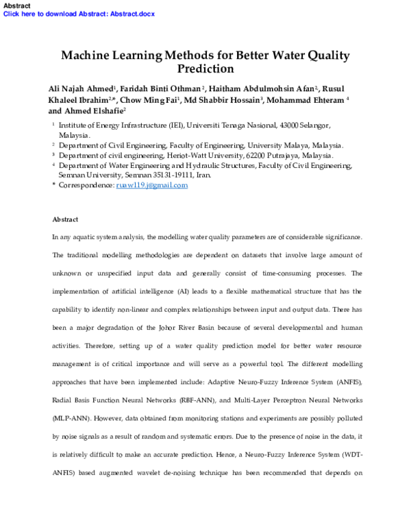 (PDF) Machine learning methods for better water quality prediction