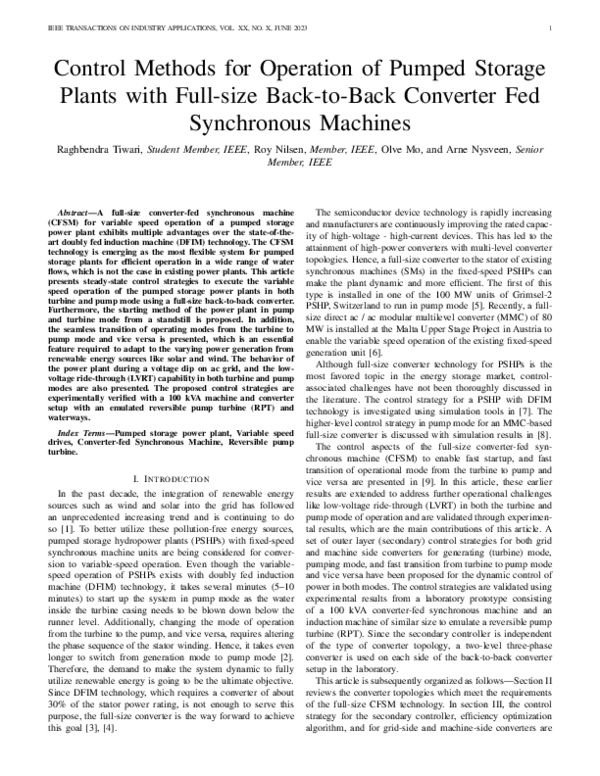 Pdf Control Methods For Operation Of Pumped Storage Plants With Full Size Back To Back