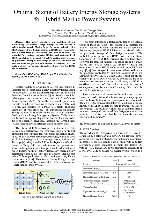 Pdf Optimal Sizing Of Battery Energy Storage Systems For Hybrid Marine Power Systems