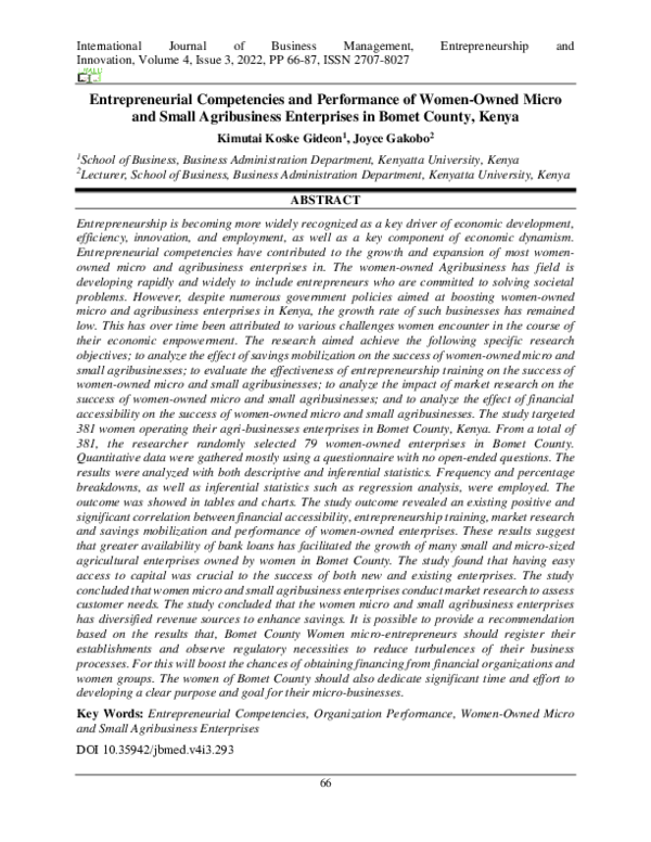 (PDF) Entrepreneurial Competencies and Performance of Women-Owned Micro and Small Agribusiness ...