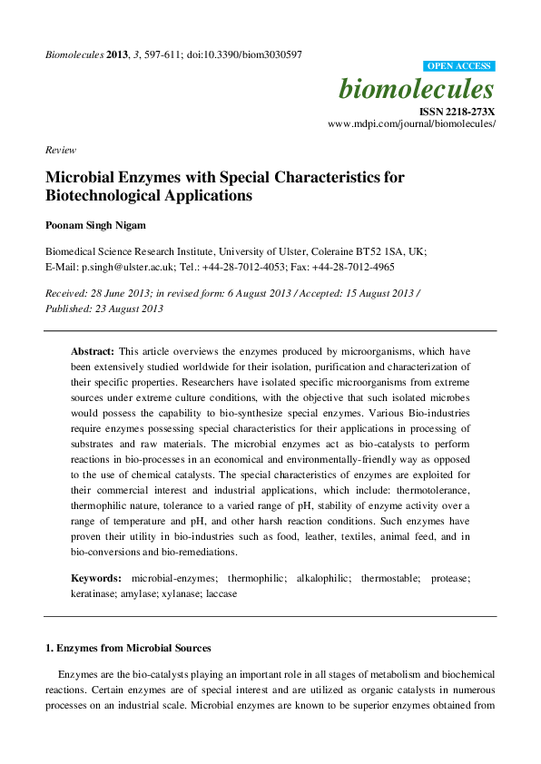 (PDF) Microbial Enzymes with Special Characteristics for Biotechnological Applications