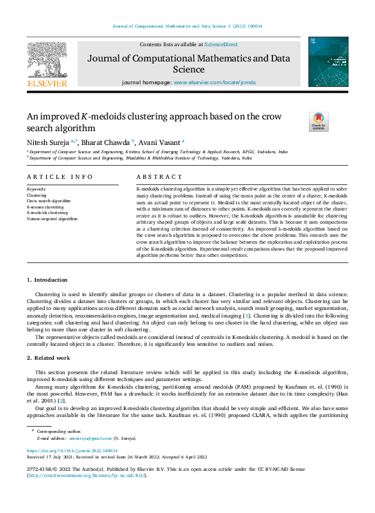 Pdf An Improved K Medoids Clustering Approach Based On The Crow Search Algorithm Nitesh