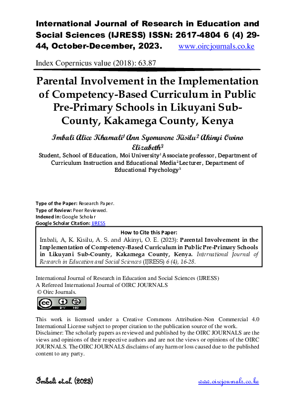 (PDF) Parental Involvement in the Implementation of Competency-Based Curriculum in Public Pre ...