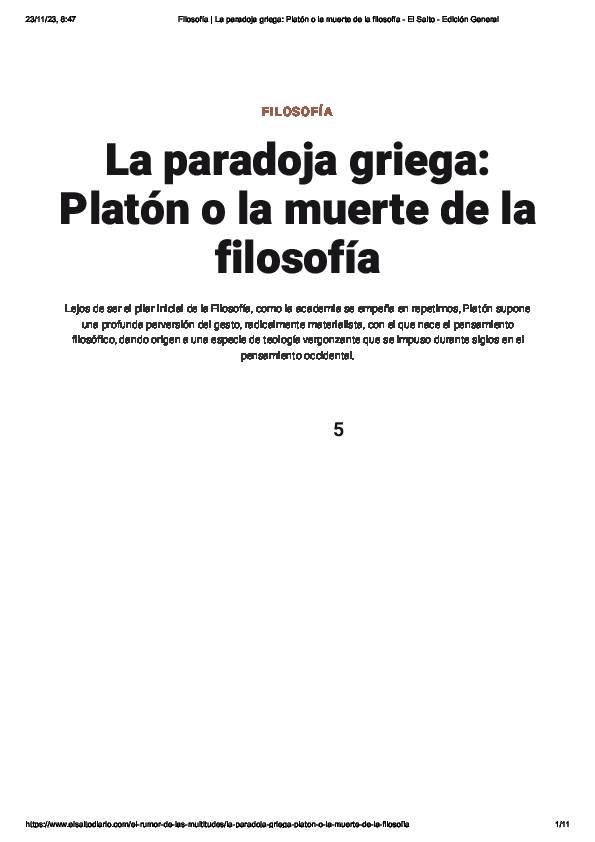 (PDF) La paradoja griega: Platón o la muerte de la Filosofía