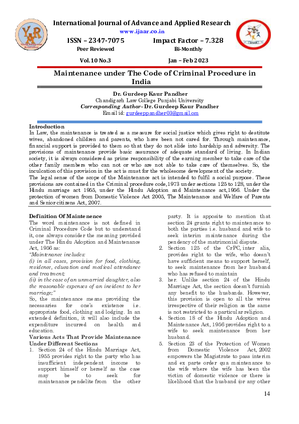 (PDF) Maintenance under The Code of Criminal Procedure in India