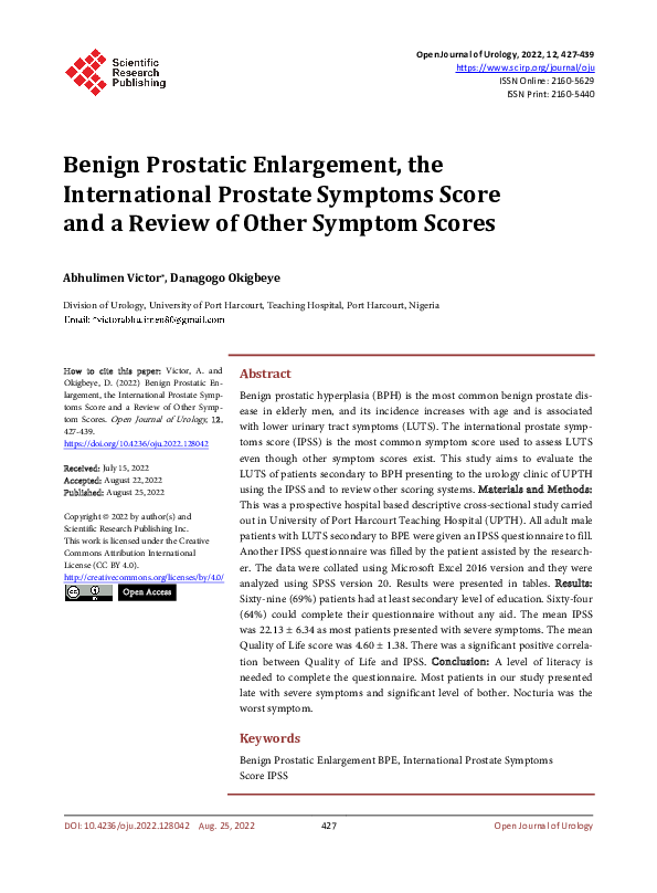 (PDF) Benign Prostatic Enlargement, the International Prostate Symptoms ...