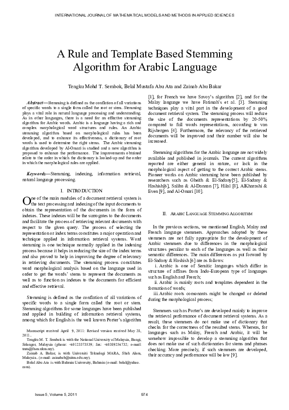 (PDF) A Rule and Template Based Stemming A lgorithm for Arabic Language