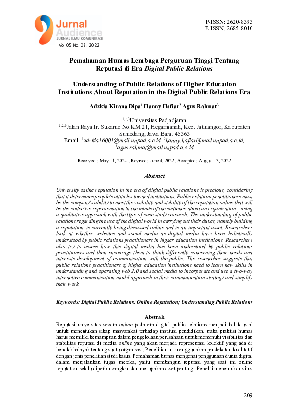(PDF) Pemahaman Humas Lembaga Perguruan Tinggi Tentang Reputasi di Era ...